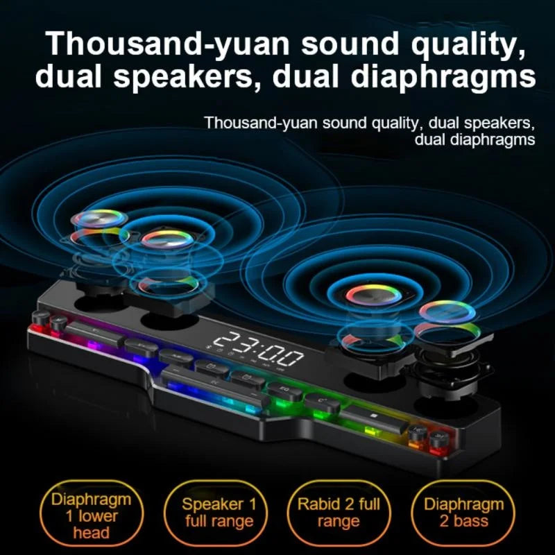 Clock Display 3D Stereo Bluetooth Soundbar LED Lights Speaker with Sub